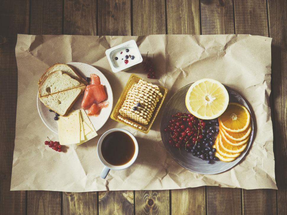 Free Stock Photo of Table Set With Plate of Food and Cup of Coffee ...