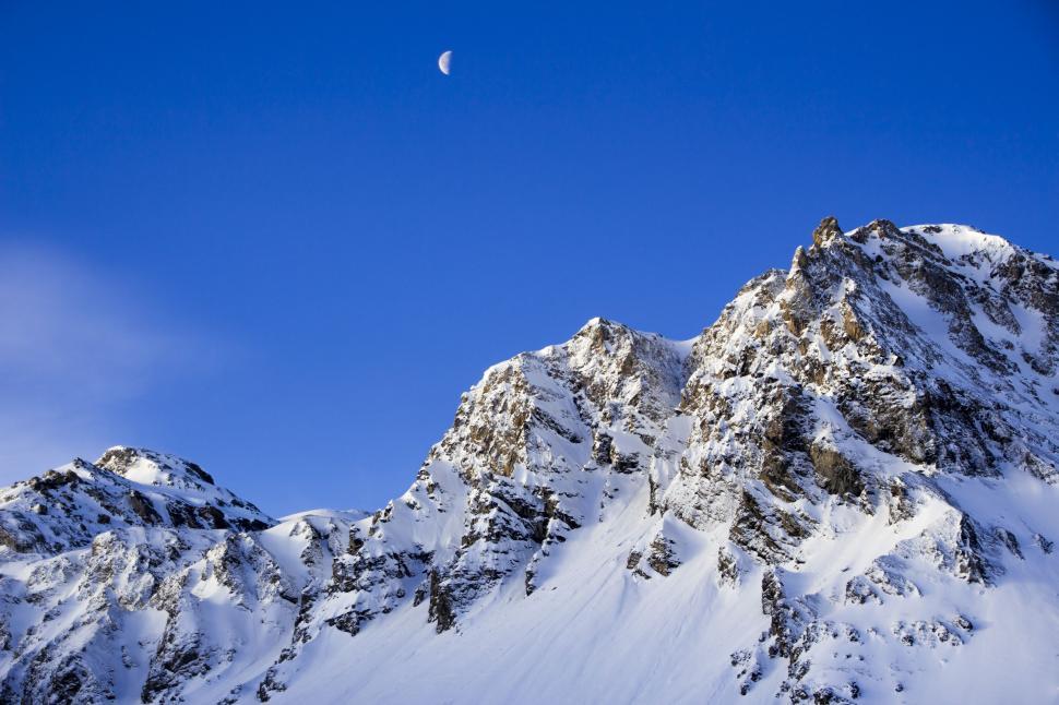 Free Stock Photo of Snow Covered Mountain With Half Moon | Download ...