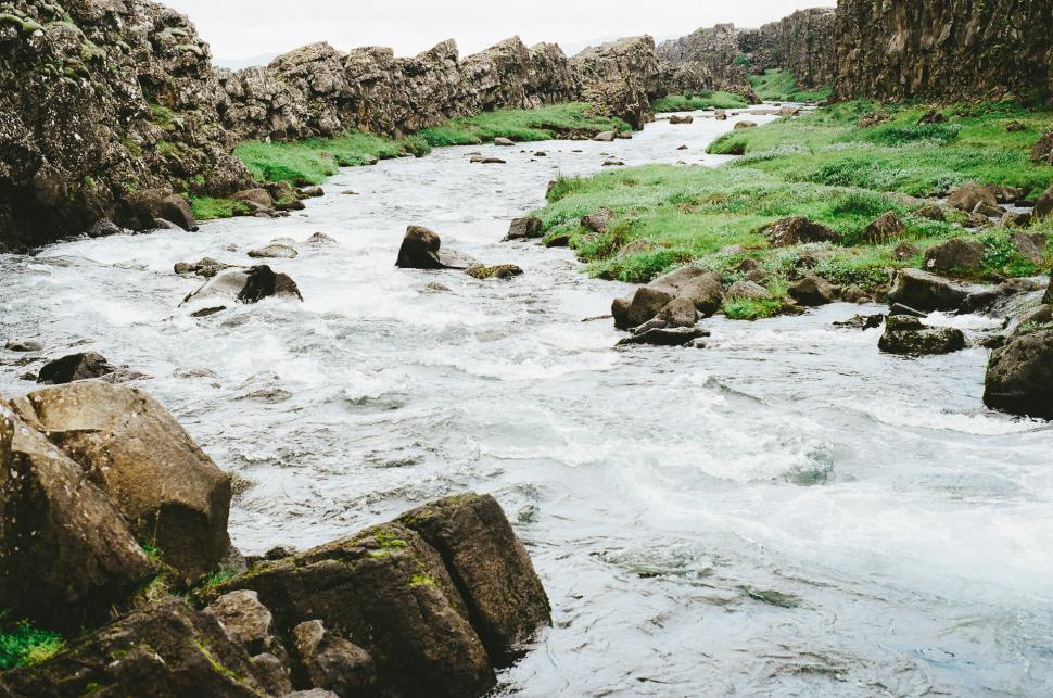 Free Stock Photo of River Running Through Lush Green Rocky Hillside ...