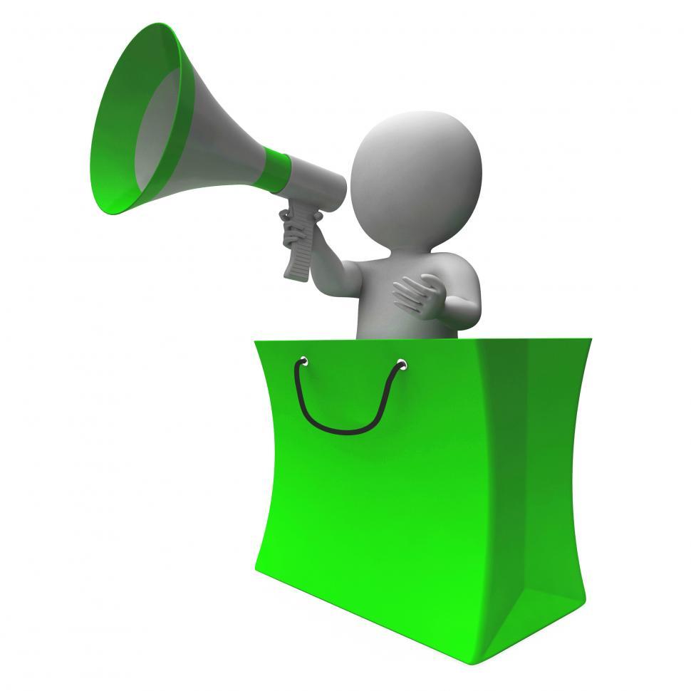Free Stock Photo of Loud Hailer Shopping Character Shows Sales Or ...