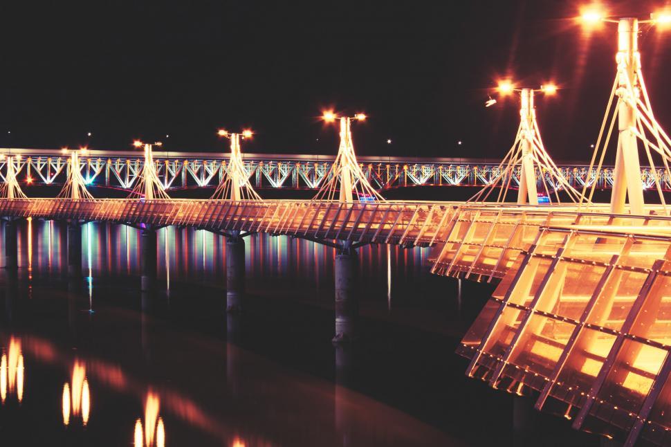 Free Stock Photo of Long Bridge Over Body of Water at Night | Download ...