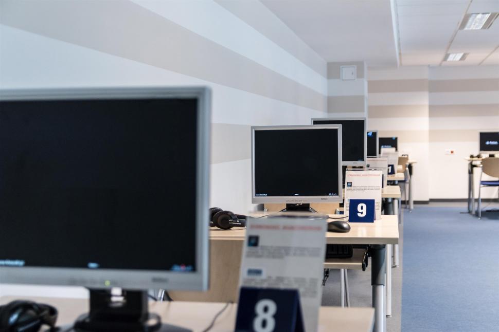 Free Stock Photo of Row of Computer Monitors on Desk | Download Free ...