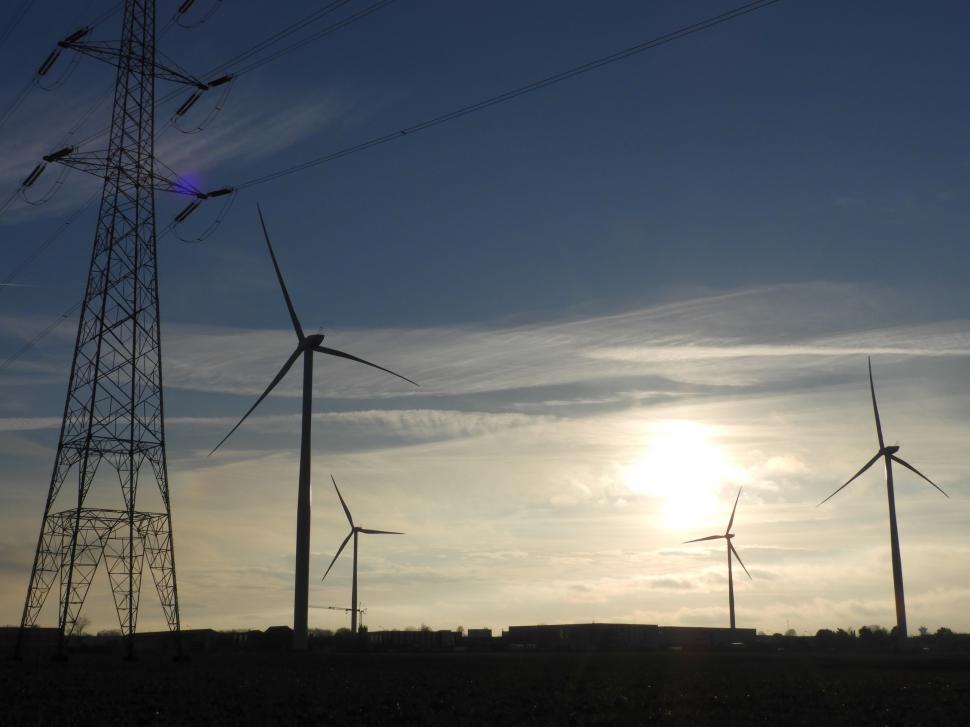 Free Stock Photo of Four wind turbines and a power line mast | Download ...