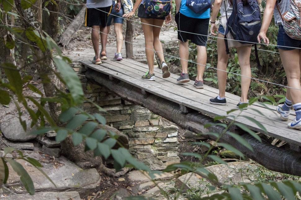 Free Stock Photo of Group of People Walking Across Wooden Bridge ...