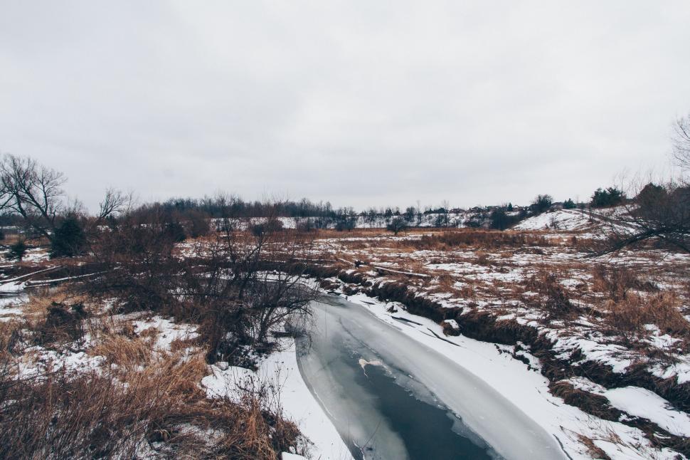 Free Stock Photo of Snow Covered Field With Small Pond | Download Free ...