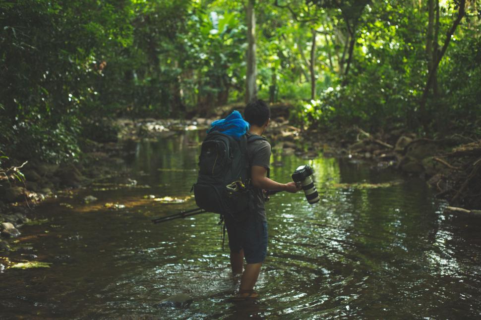 Free Stock Photo of Man Wading Through River With Backpack | Download ...