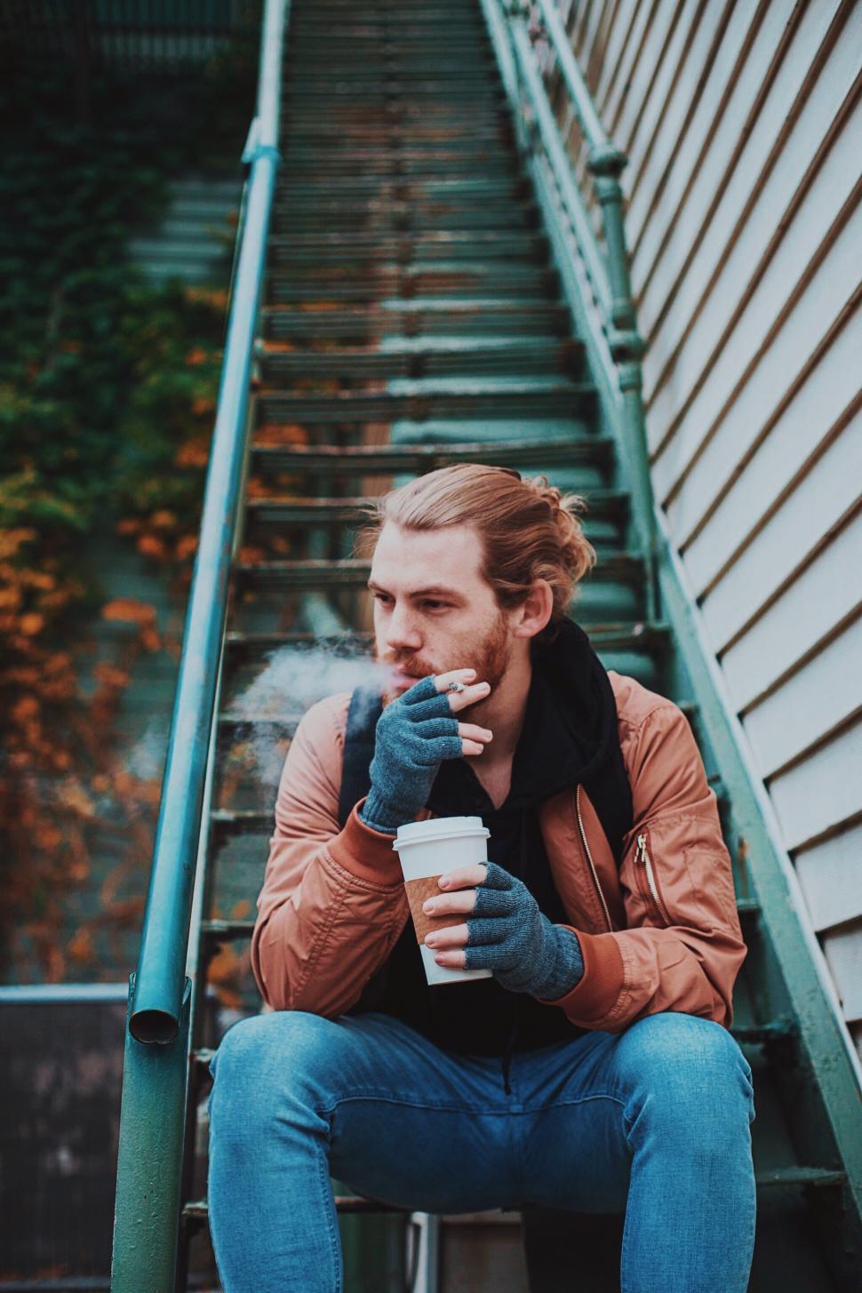 Free Stock Photo of Man Sitting on Stairs Smoking Cigarette | Download ...