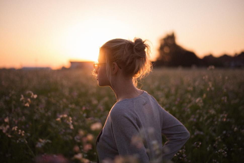 Free Stock Photo of Woman Standing in Field at Sunset | Download Free ...