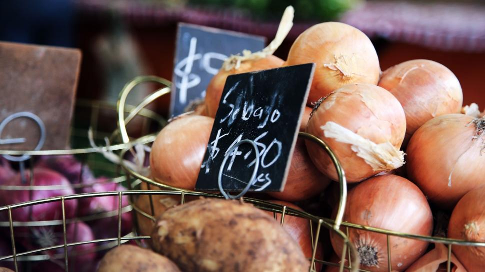 Free Stock Photo of A Basket Full of Onions Beside a Sign | Download ...