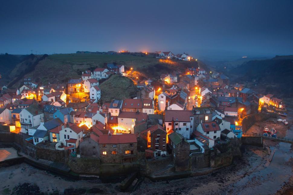 Free Stock Photo of Aerial View of a Town Illuminated at Night ...