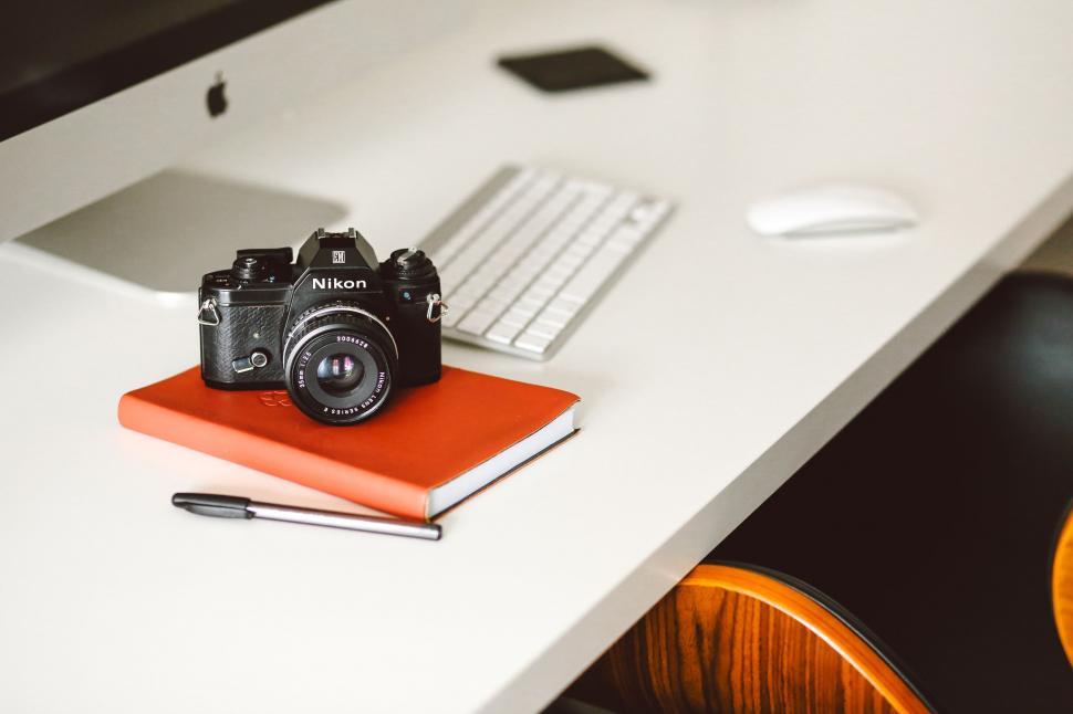 Free Stock Photo of Camera on Desk Beside Keyboard | Download Free ...