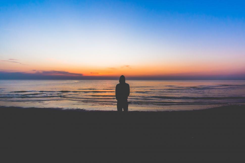 Free Stock Photo of Person Standing on Beach at Sunset | Download Free ...