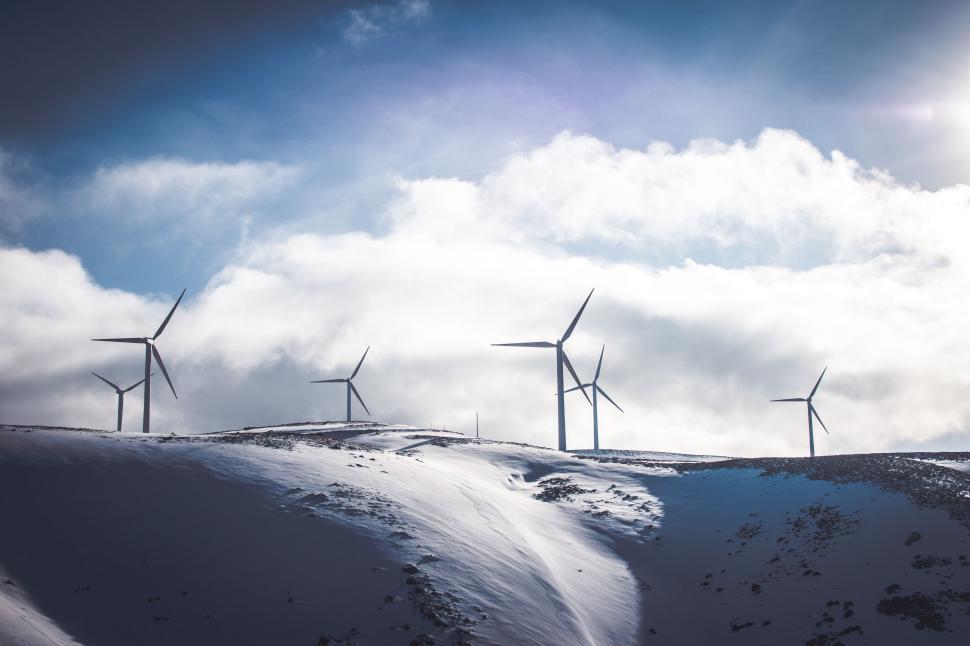 Free Stock Photo of Group of Wind Turbines on Snow Covered Hill ...