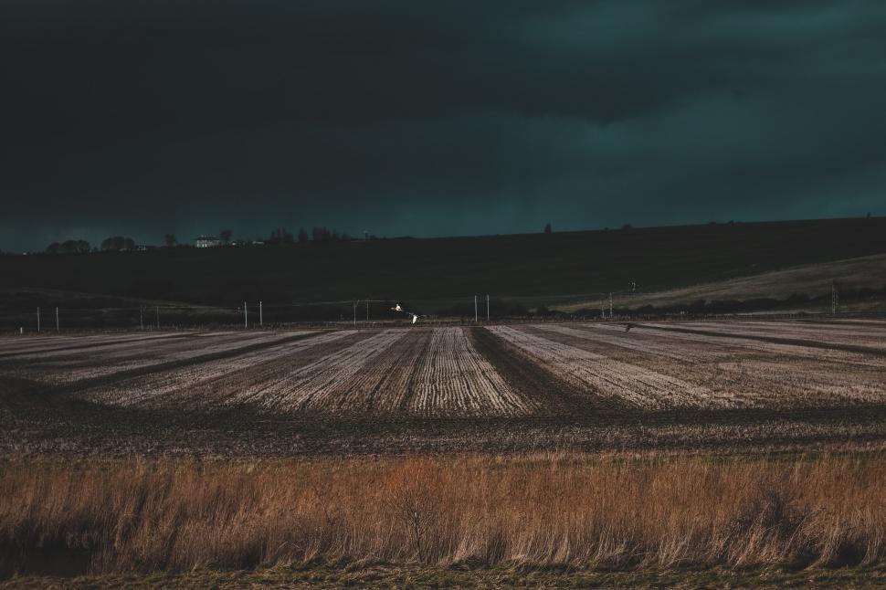 Free Stock Photo of Field With Dark Sky in Background | Download Free ...