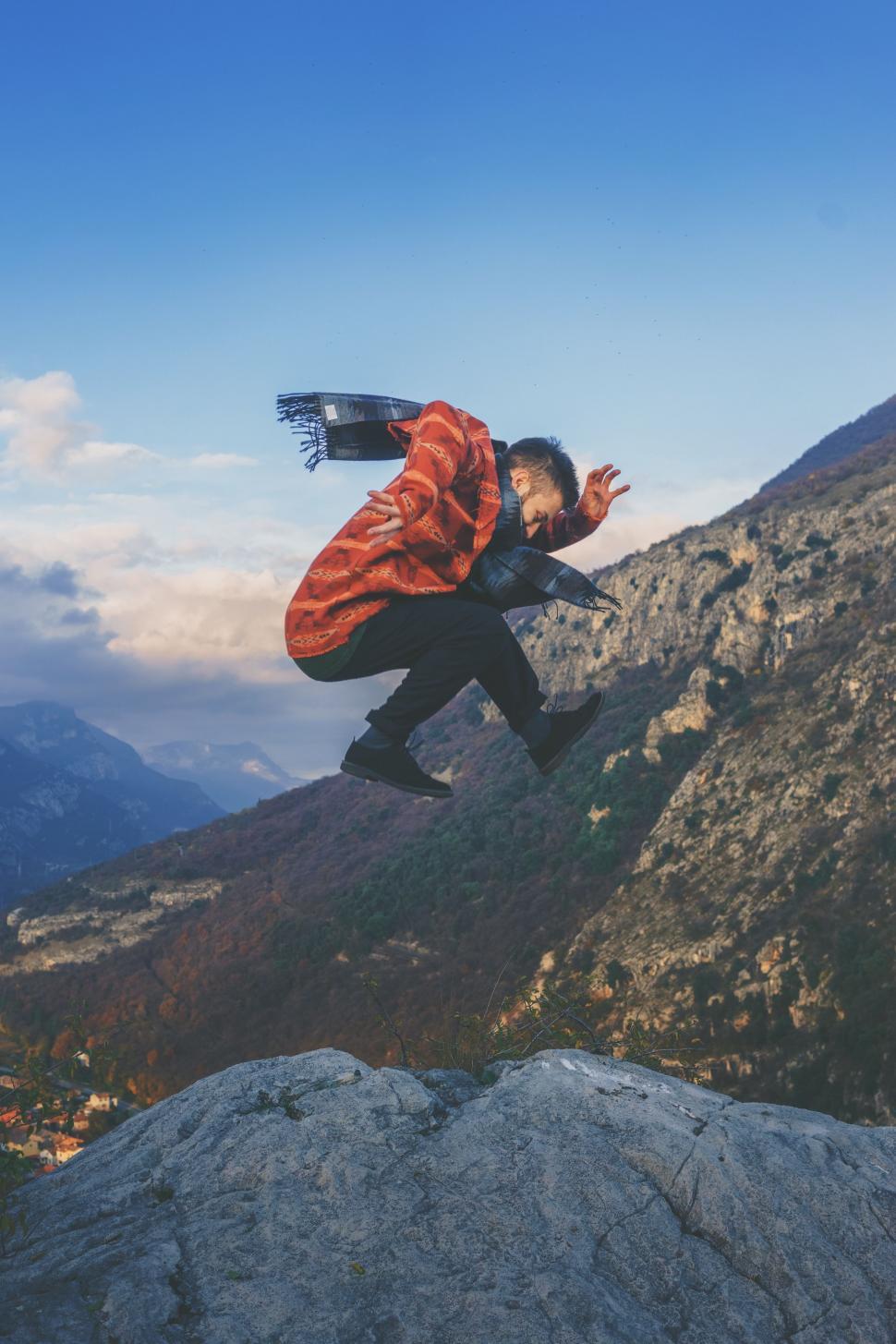 Free Stock Photo of Person Jumping on Top of Mountain | Download Free ...