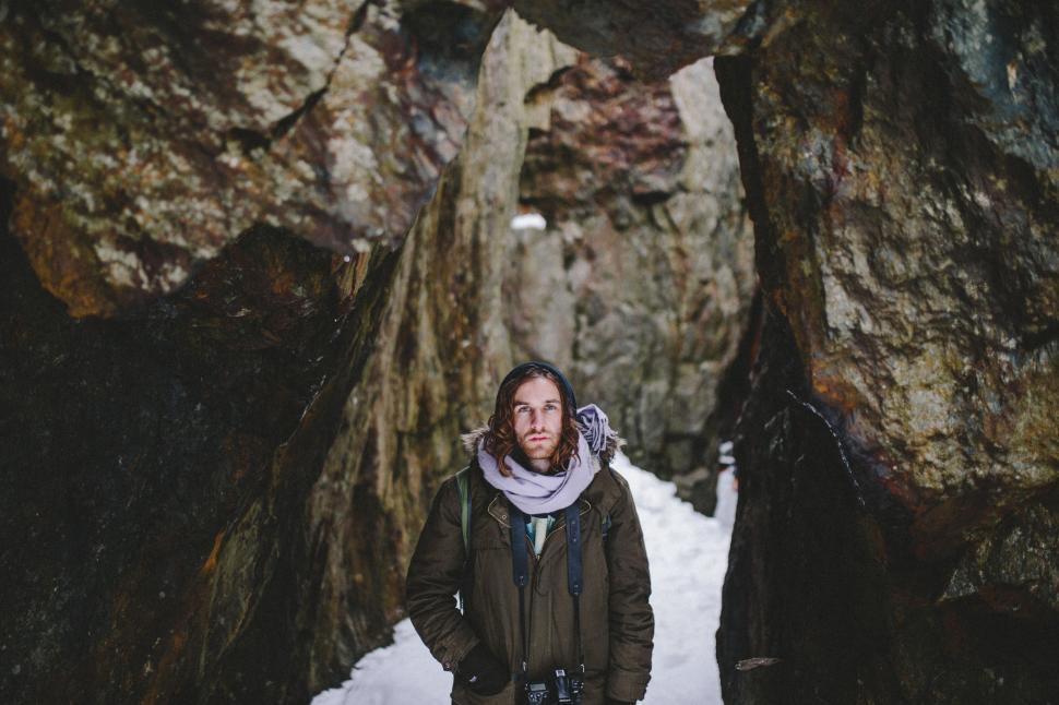 Free Stock Photo of Man Standing in Tunnel Between Two Large Rocks ...